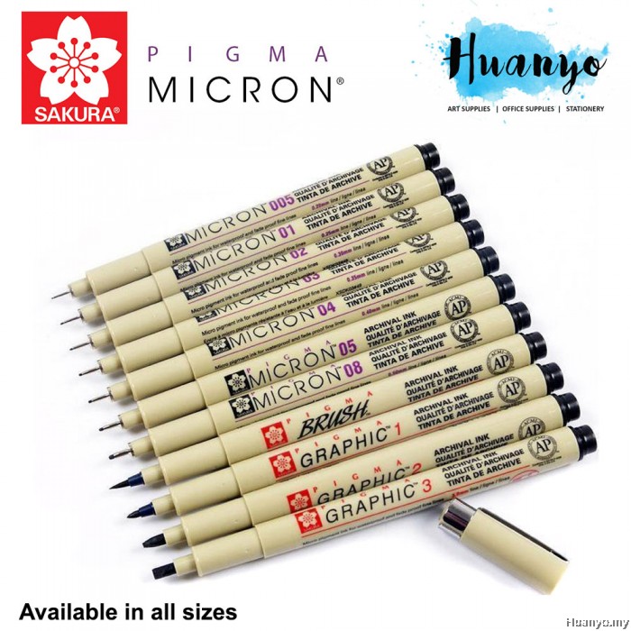 Sakura Pigma Micron Technical Drawing Pen Black (Size 003/005/01/02/03/04/05/08/1/10/12/BR/PN Nib)