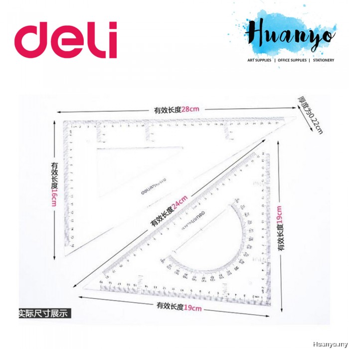 Deli Transparent Plastic Set Square Metric Ruler 28 CM 6430