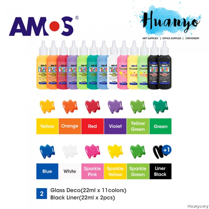 Amos Glass Deco Paint 22ML 13 Colours Set