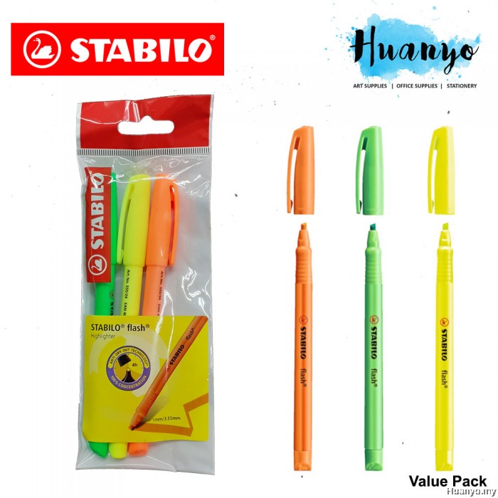 Stabilo Flash Slim Neon Highlighter Textliner Pen Value Pack (Set of 3)