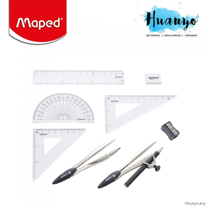 Maped Geometry Math Set with 2 Metal Compassess (Metal Tin Set of 9)