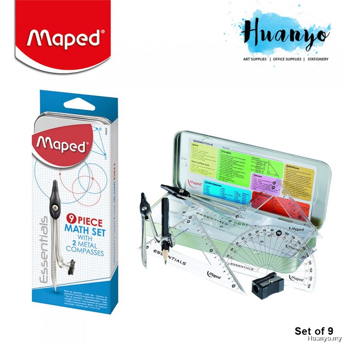 Maped Geometry Math Set with 2 Metal Compassess (Metal Tin Set of 9)