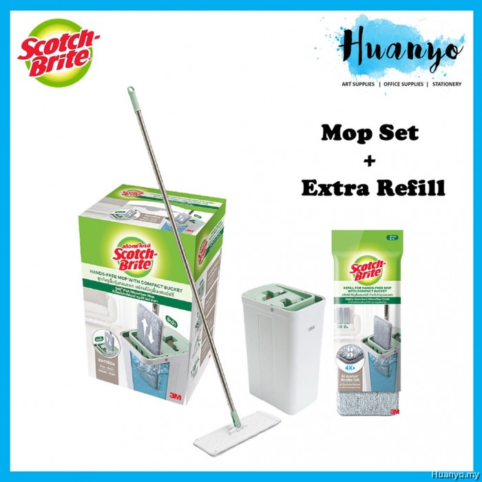3M Scotch Brite Hands Free Flat Mop With Bucket Set | Mop Lantai Compact Floor Cleaning ...