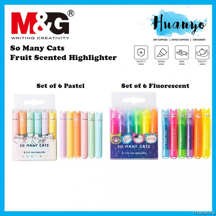 M&G So Many Cats Set of 6 Mini Fruit Scented Pastel / Fluorescent Highlighter