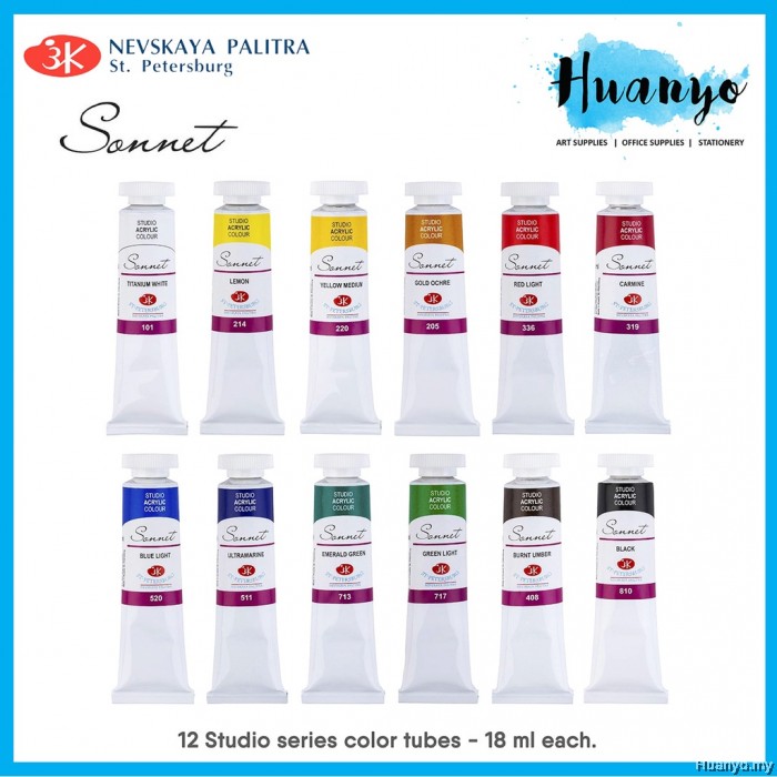 Nevskaya Palitra Sonnet Studio Acrylic Colour - 12 Color Set