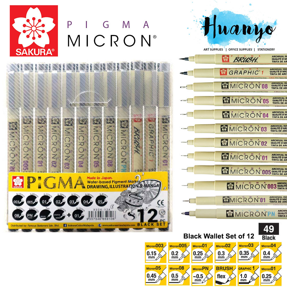 Sakura Pigma Micron Technical Drawing Pen Black (Wallet Set of 12, XSDK ...