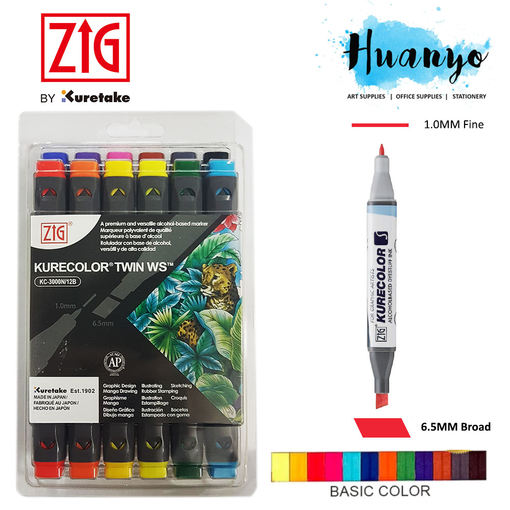 Zig Kurecolor Twin Color Marker Set (12 Basic Colors) KC-3000N/12B1