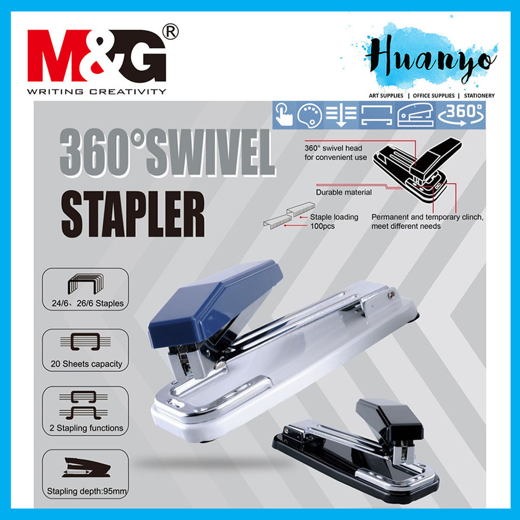 M&G Heavy Duty 360 Degree Rotatatable Stapler No 12 (Black / Blue / Grey)